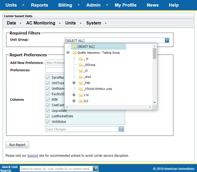 Carrier Sunset Units Report